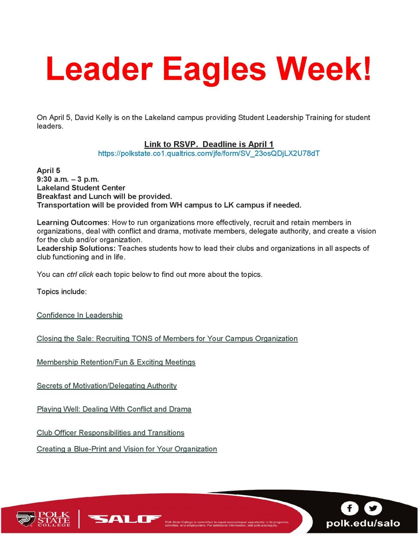 Polk State SALO Eagle Leader Day on April 5 (RSVP by April 1) | Polk ...